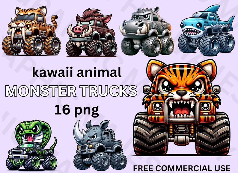 Animal Monster Trucks, Kawaii Clipart PNG, Truck Art, Animal PNG ...