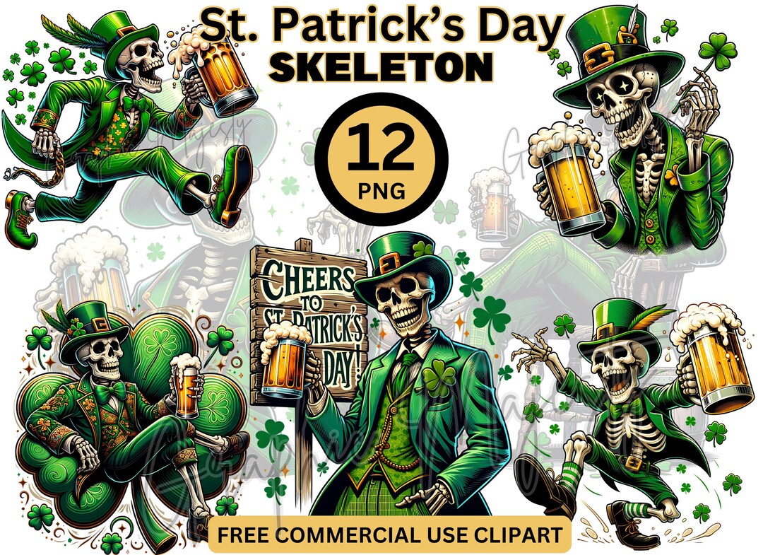 Irish Skeleton St Patrick's Day PNG Bundle, Lucky Shamrock Graphic Tee ...