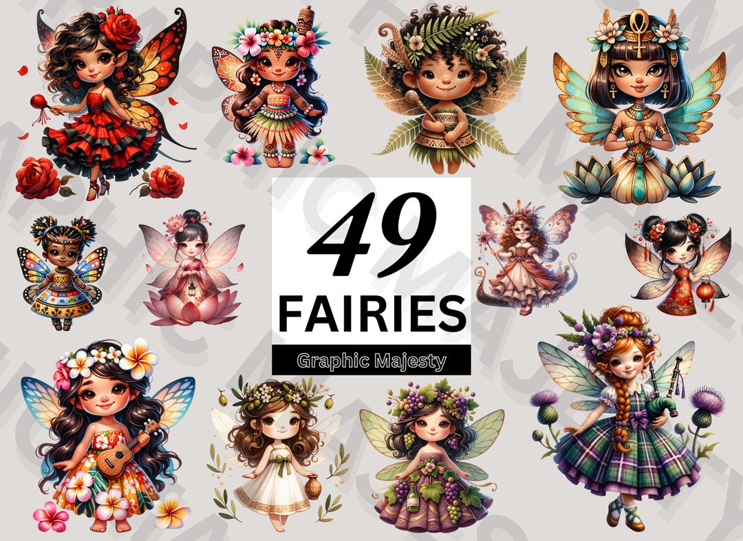 Kawaii Fairy Clipart: Multicultural Fairytale PNG Graphics (commercial ...