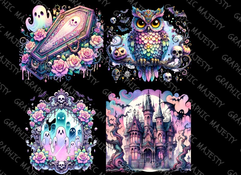 Watercolor Pastel Goth Halloween Clipart: 16 PNG Bundle (commercial Use ...
