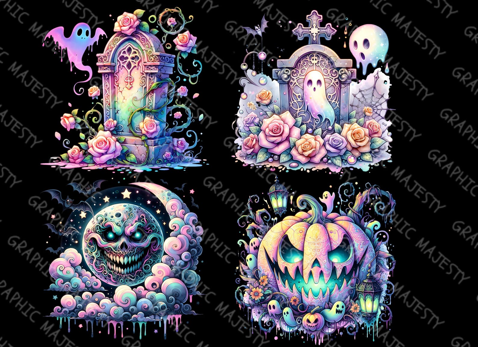Watercolor Pastel Goth Halloween Clipart: 16 PNG Bundle (commercial Use ...