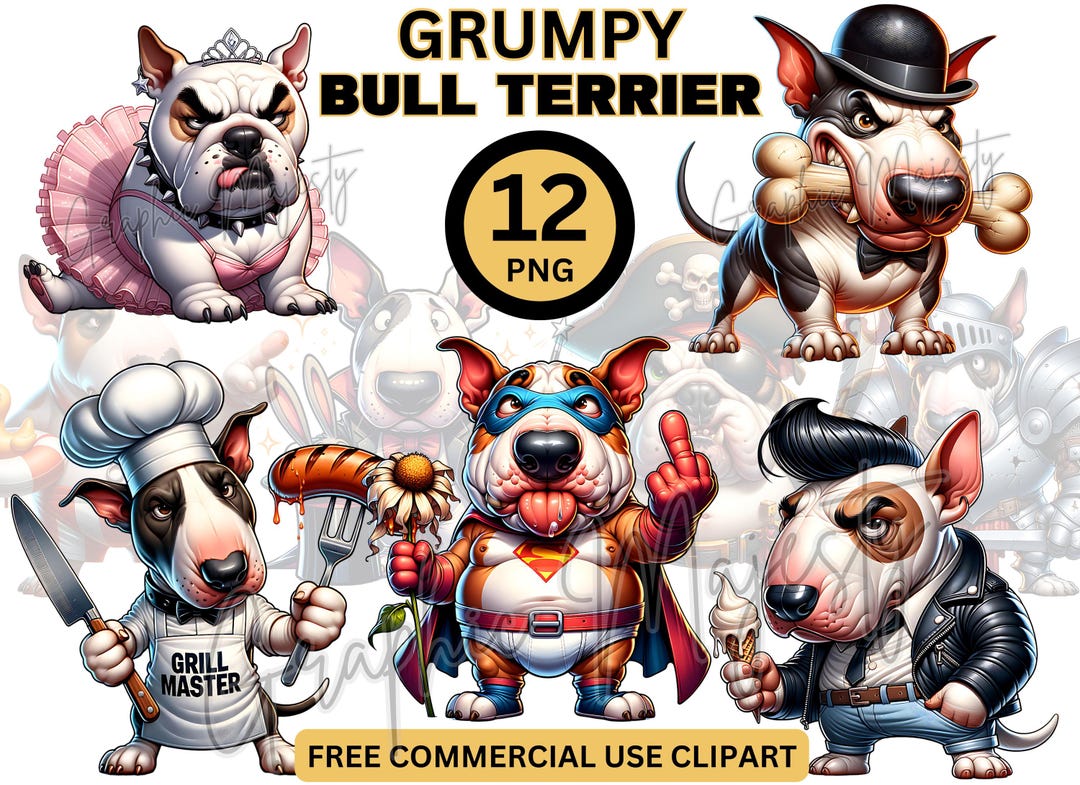 Grumpy Bull Dog Terrier Clipart Bundle, Cute Angry Pitbull Clipart, Dog ...