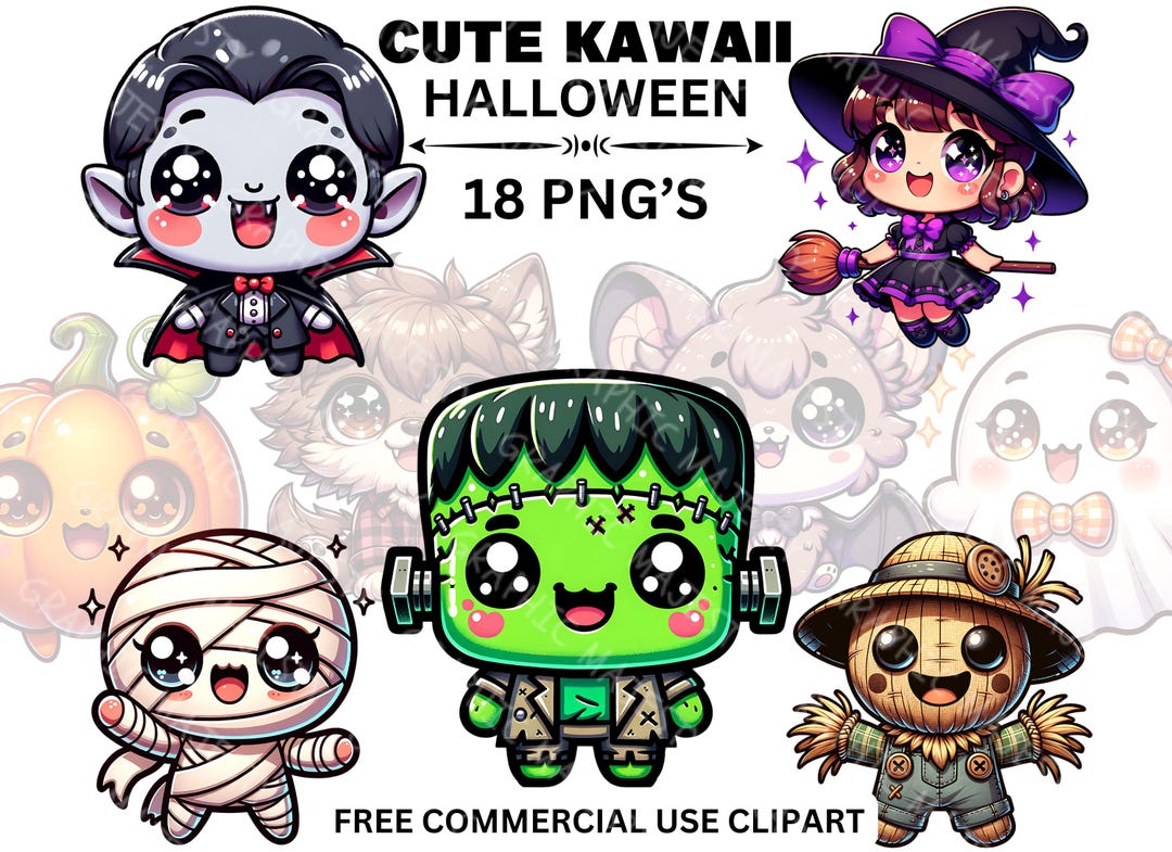 Kawaii Halloween Clipart Bundle, Spooky Cartoon PNG Graphics ...