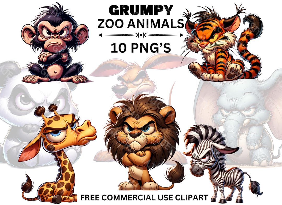 Grumpy Zoo Animals Clipart Bundle, Cute Angry Safari Animals Clipart ...