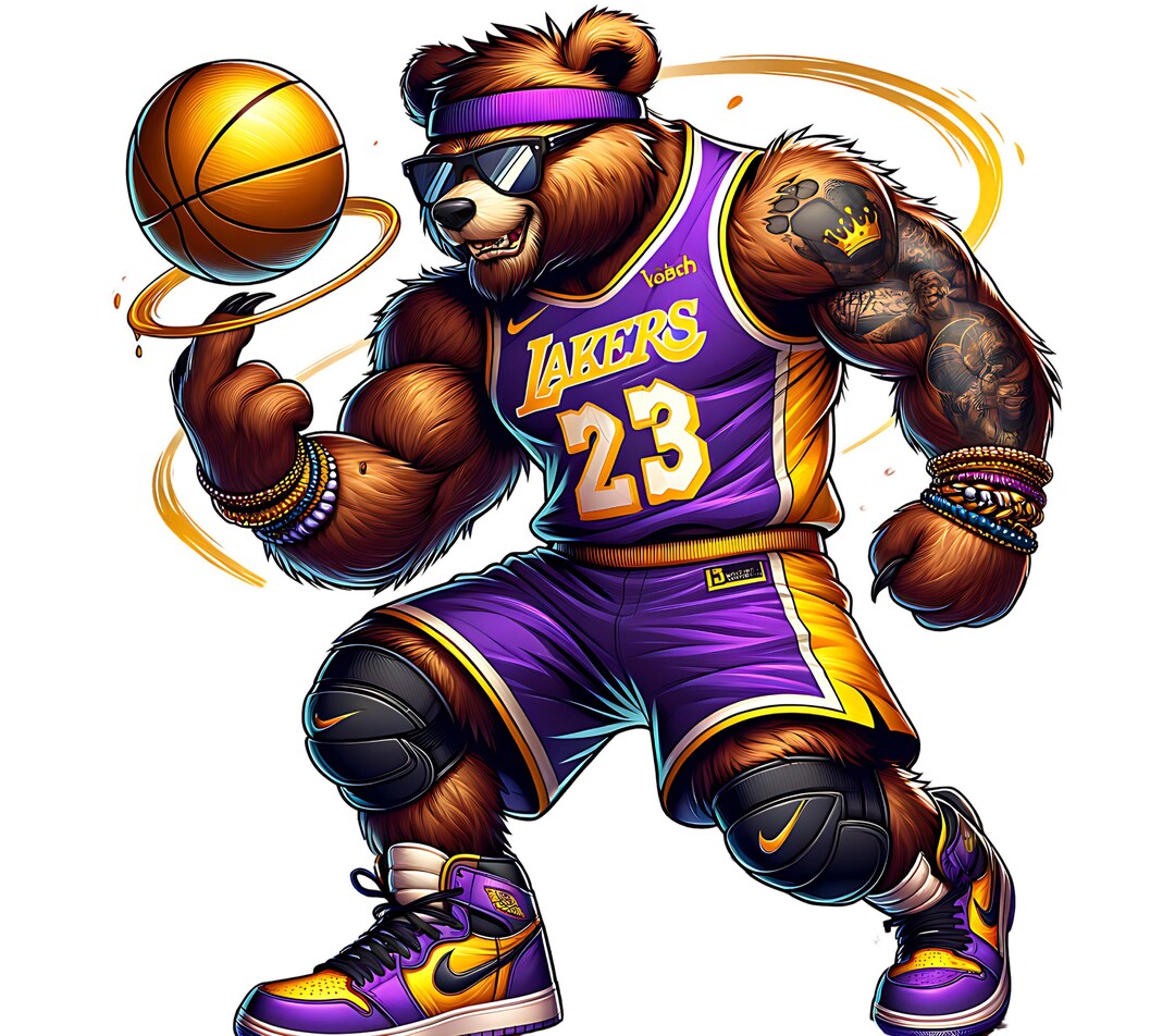 Lakers Bear Digital Art, Cartoon Bear, Basketball Art, Mascot Design ...