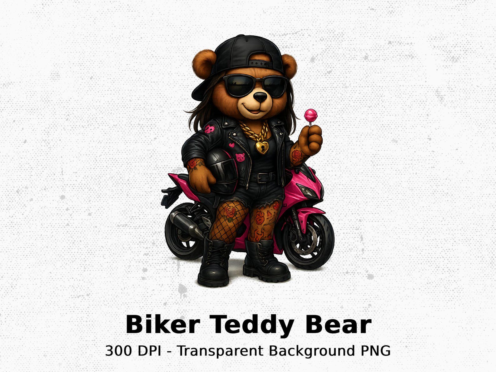 Biker Teddy Bear Digital Art PNG Graphic, Motorcycle Illustration, Pink ...