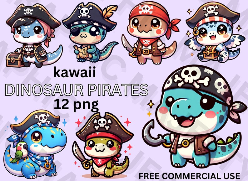 Kawaii Dinosaur Pirate Clipart: PNG Bundle (digital Download) - Etsy