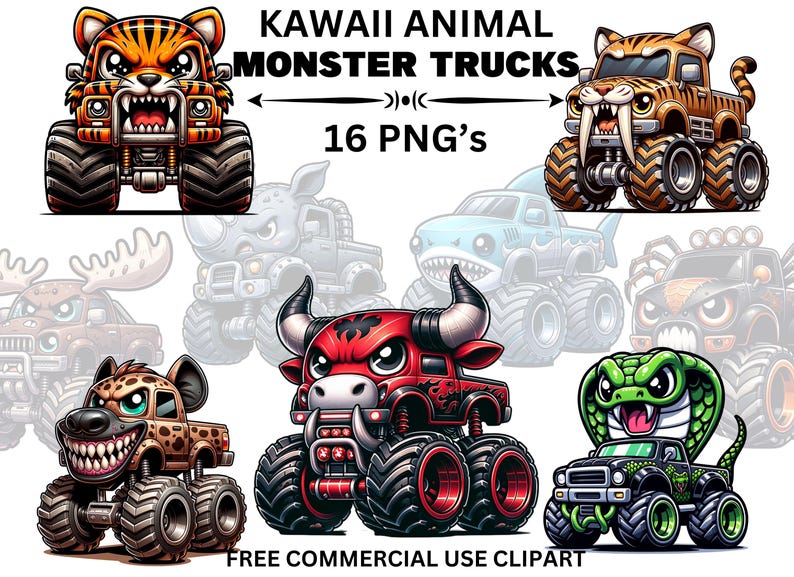 Kawaii Animal Monster Truck Clipart: PNG Bundle (digital Download) - Etsy