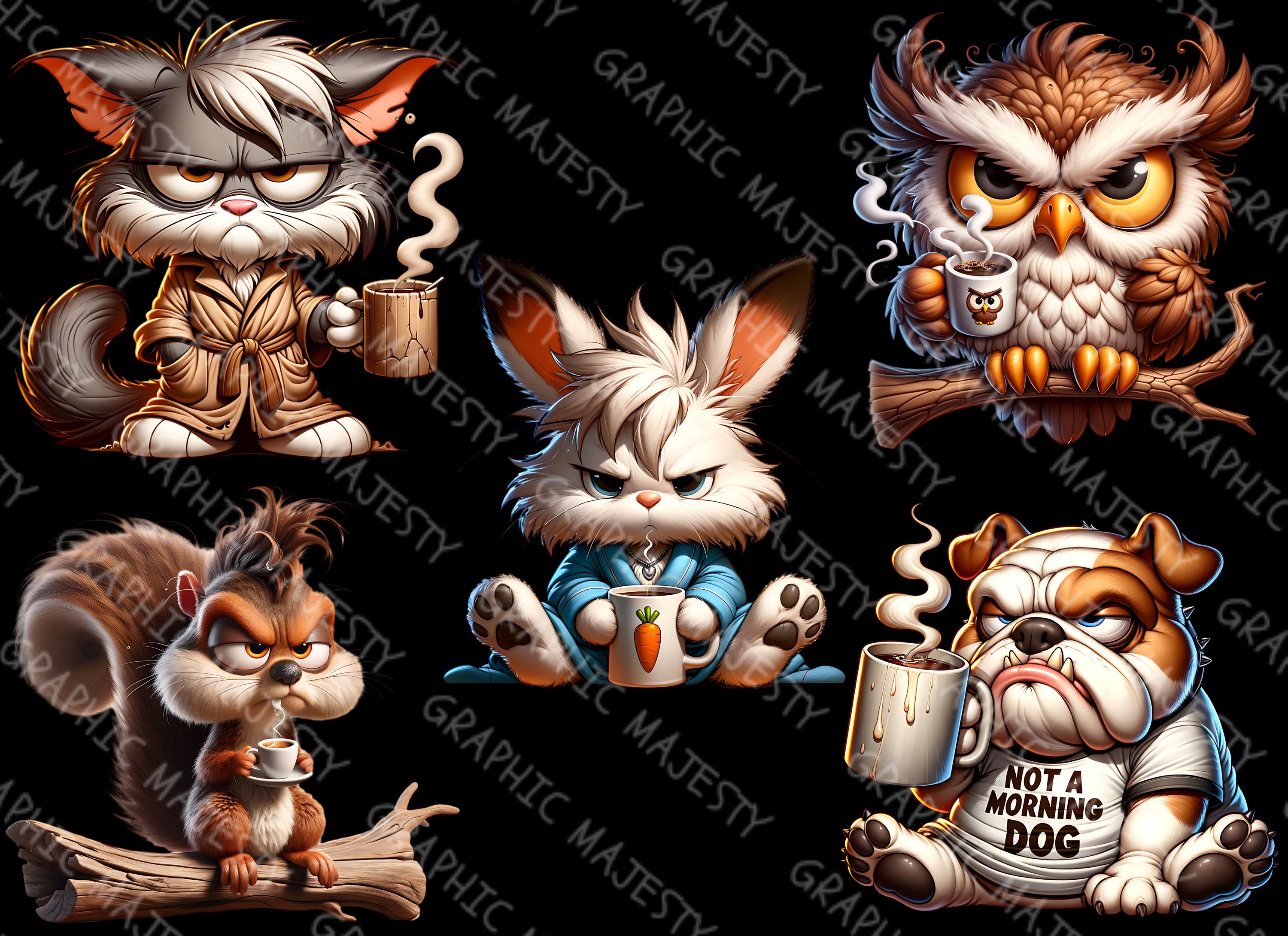 Grumpy Coffee Animals Clipart Bundle: Cartoon PNG (commercial Use) - Etsy