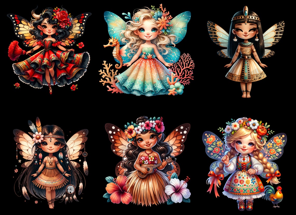 Kawaii Fairy Clipart: Multicultural Fairytale PNG Graphics (commercial ...