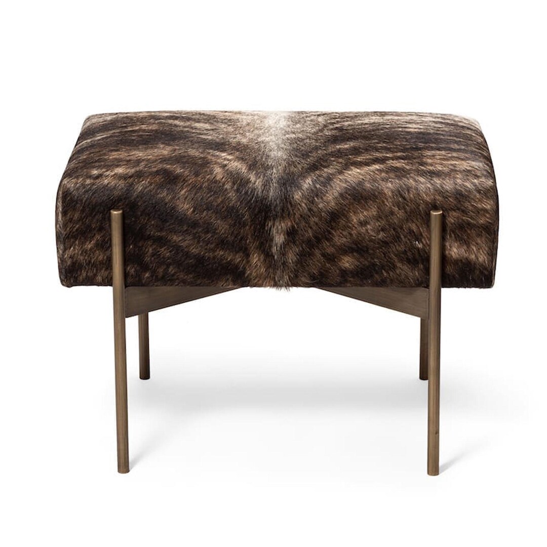Brown Exotic Cowhide Upholstered Bench With Matte Black Base – Custom ...