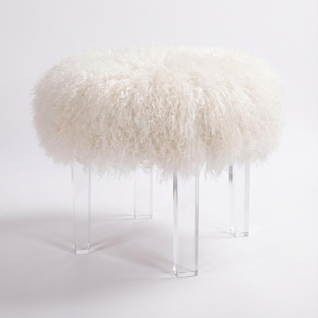 White Tibetan Lamb Lucite Vanity Stool | Real Mongolian Acrylic Stool ...