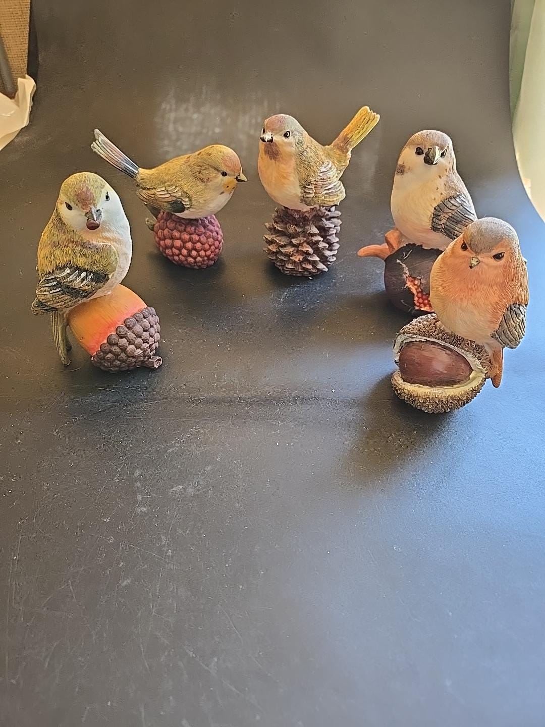 Set of 5 Bird Figurines Sitting Atop Pinecone Berry Chestnut Flower ...