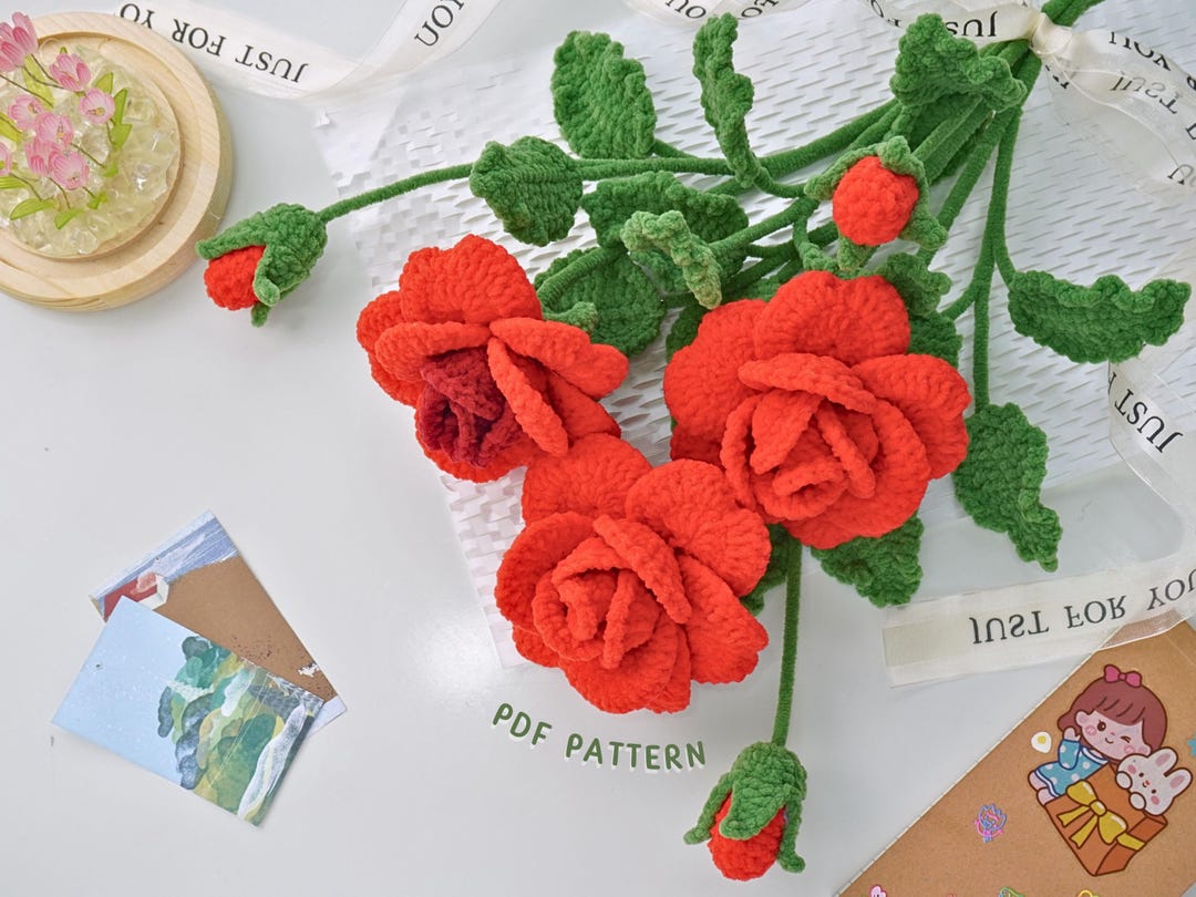 Passionate Red Roses Crochet Pattern, Crochet Flower Bouquet Pattern ...