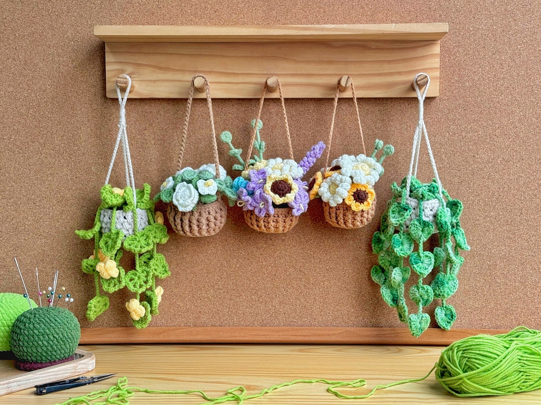 Set 5 Flower Basket Hanging Crochet Pattern, Sunflower Basket Crochet ...