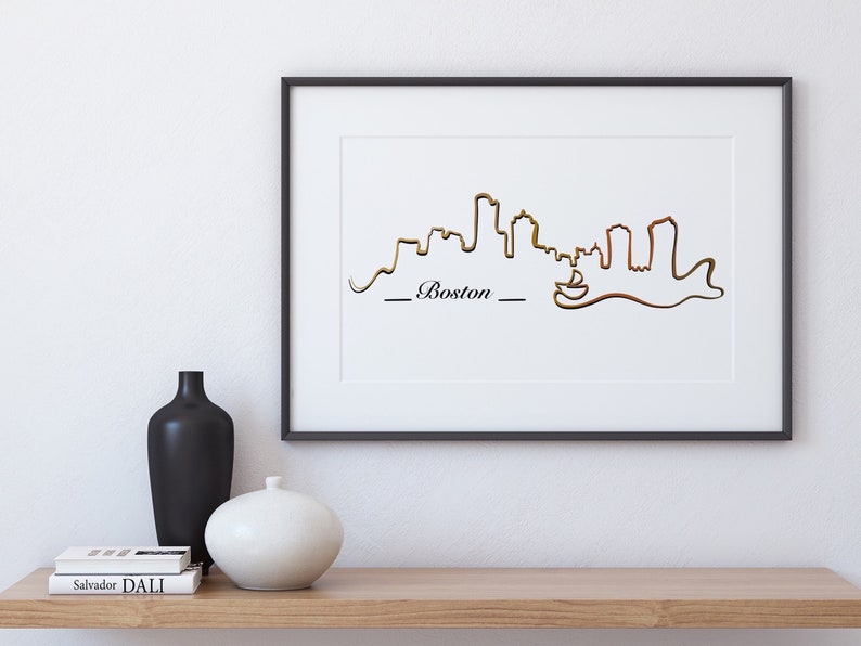 Boston Skyline Print, Terra Cotta Earth Tone Cityscape Single Line ...