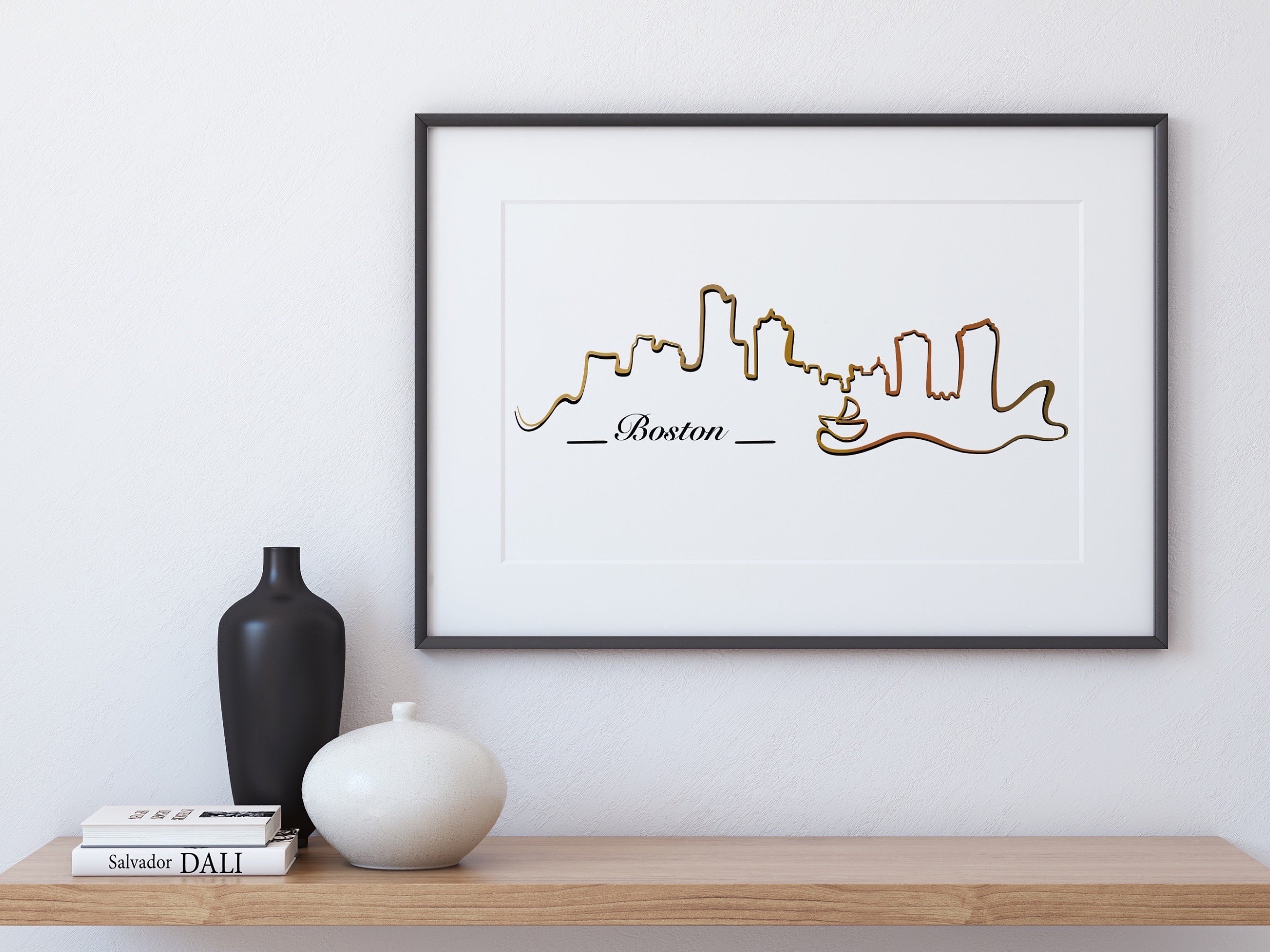 Boston Skyline Print, Terra Cotta Earth Tone Cityscape Single Line ...