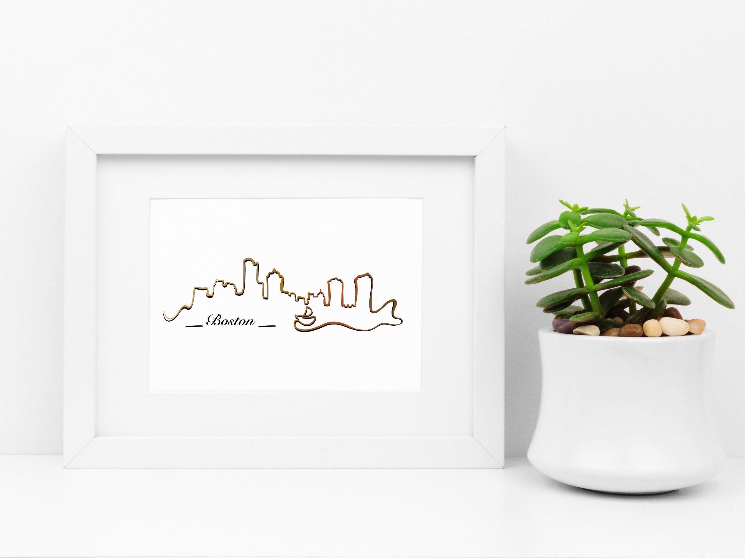 Boston Skyline Print, Terra Cotta Earth Tone Cityscape Single Line ...