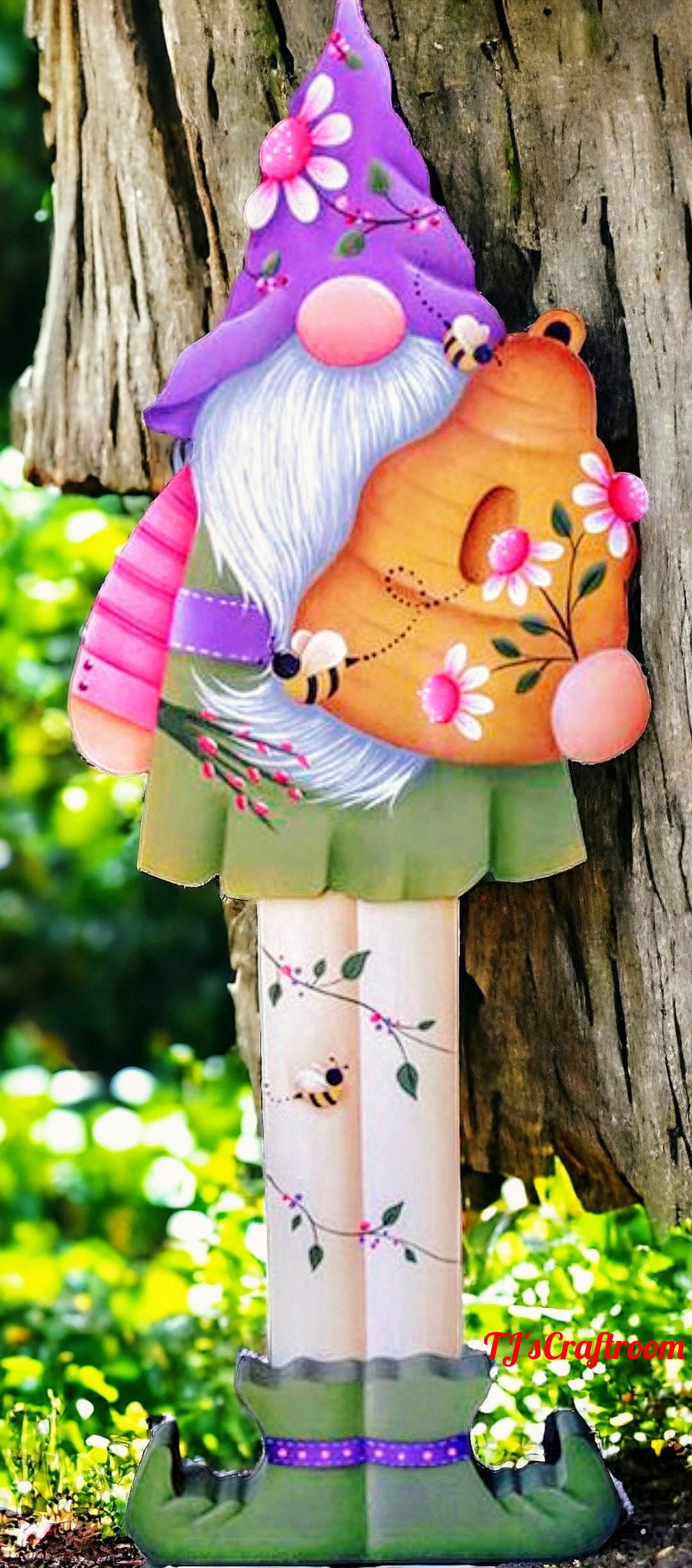 Hand Painted Wooden Self Standing Garden Gnome, Bee Hive, Garden Decor ...