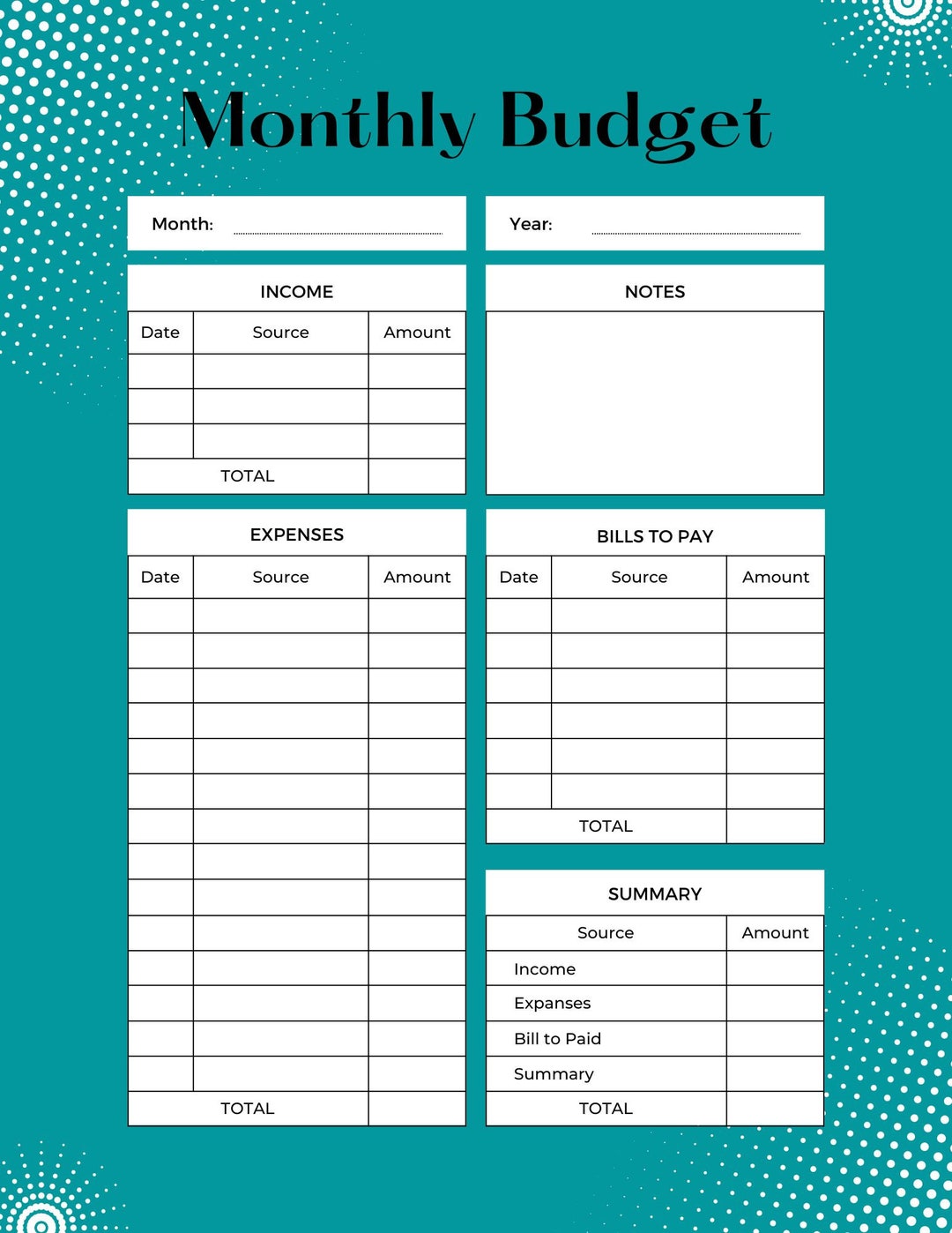 Budgeting Planner, Downloadable File, Printable Page, Single Page ...