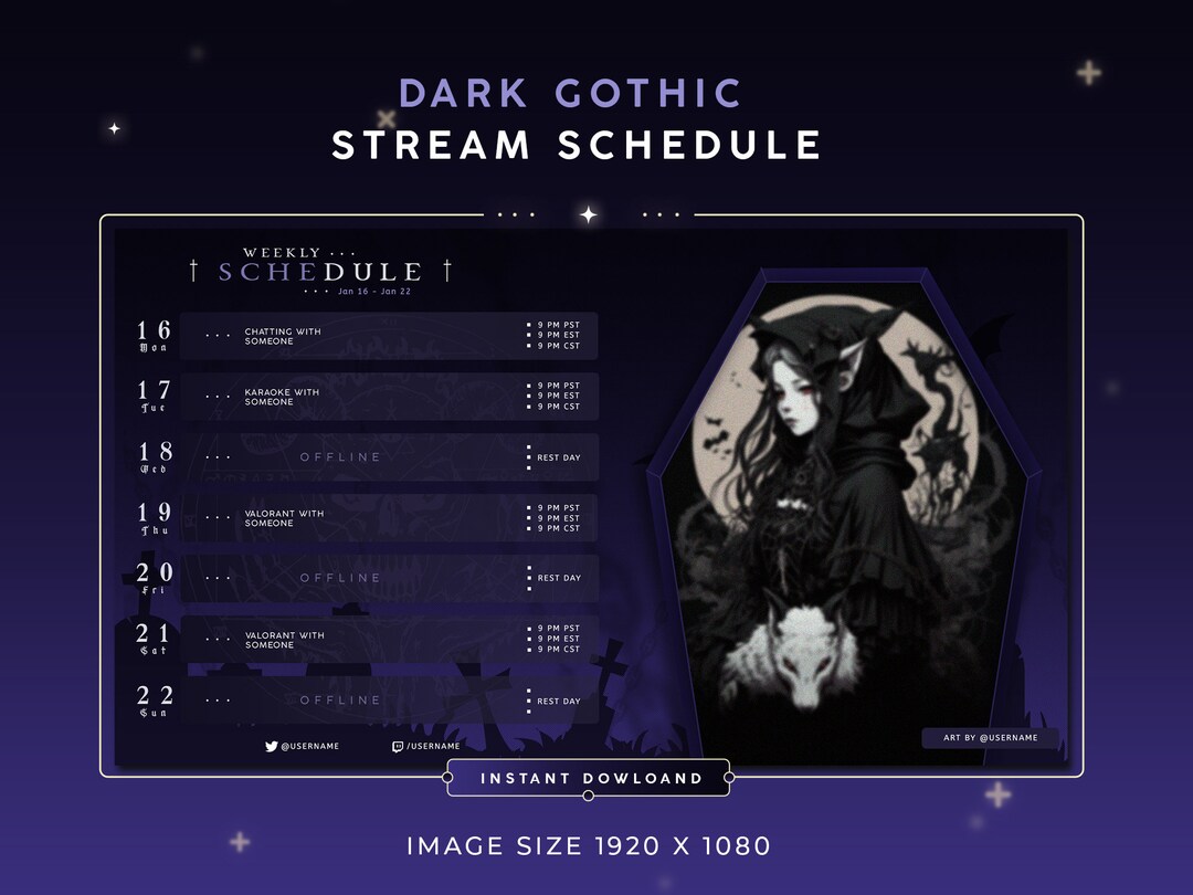 Dark Gothic Stream Schedule Template | Twitch & Youtube Weekly Planner ...
