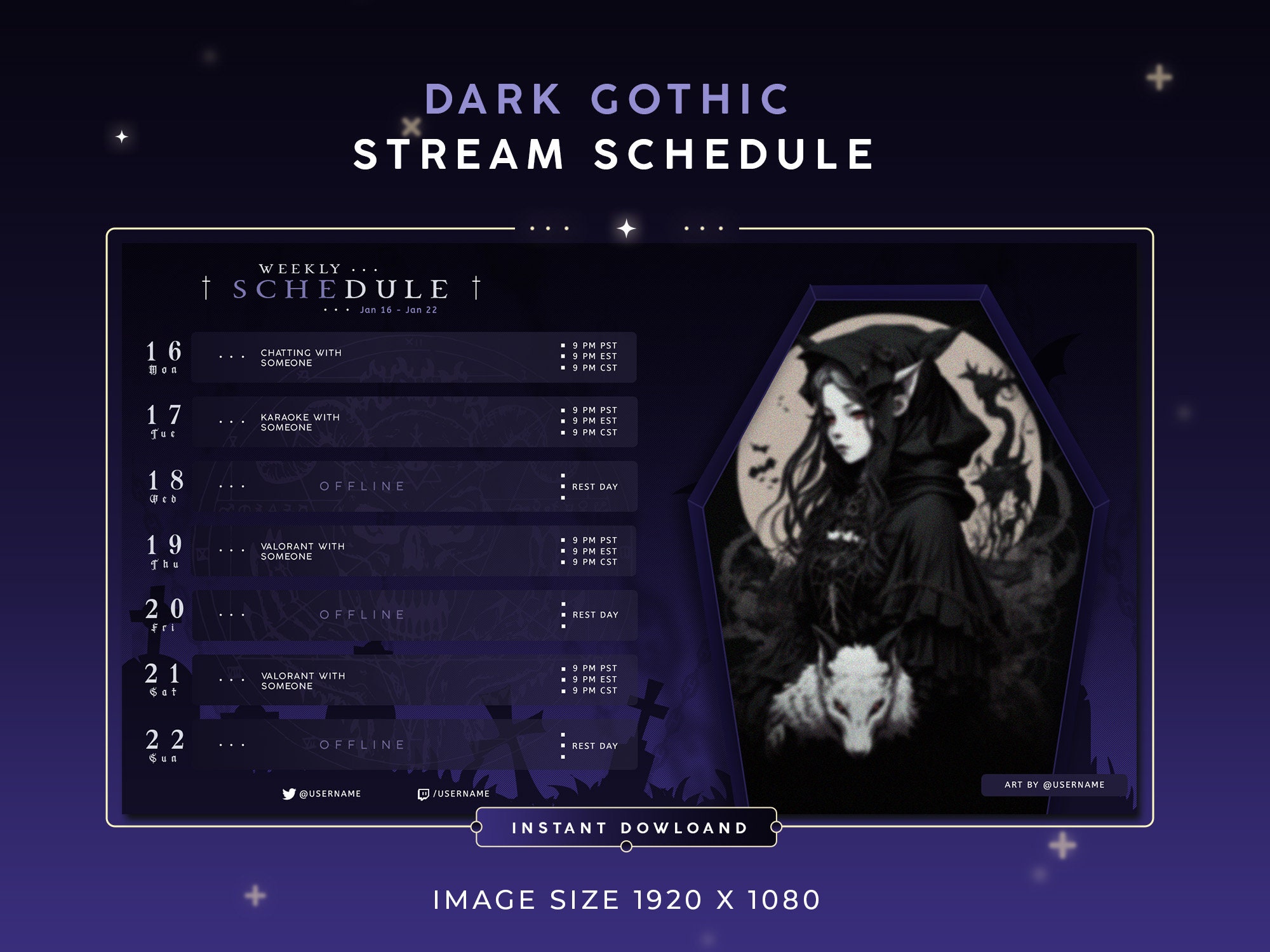 Dark Gothic Stream Schedule Template | Twitch & Youtube Weekly Planner | PSD - Canva Editable - Etsy