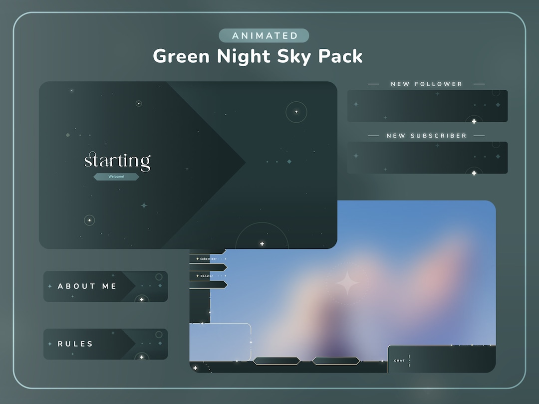 Green Night Sky Animated Stream Pack | Twitch Overlays, Vtuber Just ...