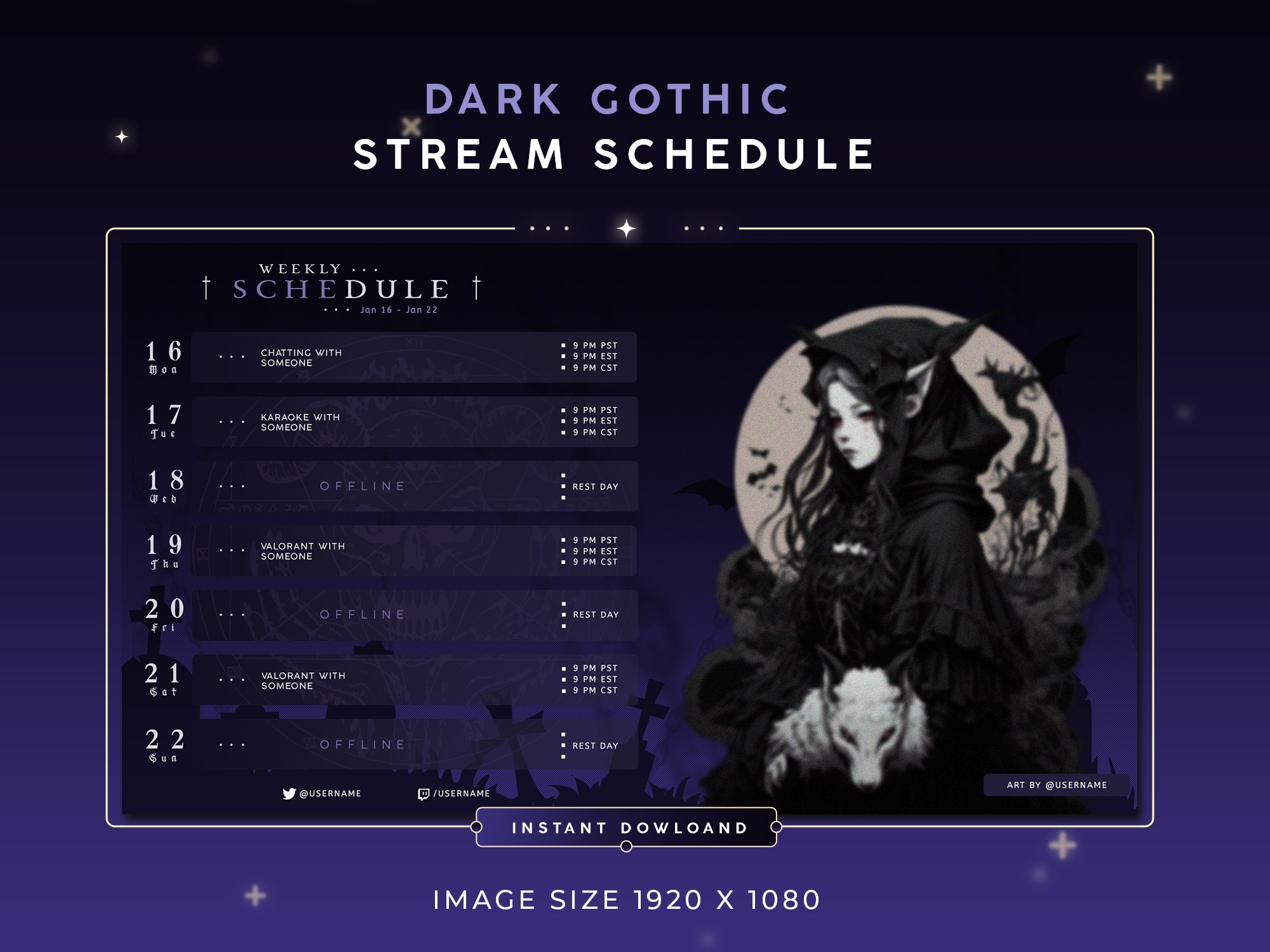 Dark Gothic Stream Schedule Template | Twitch & Youtube Weekly Planner | PSD - Canva Editable - Etsy