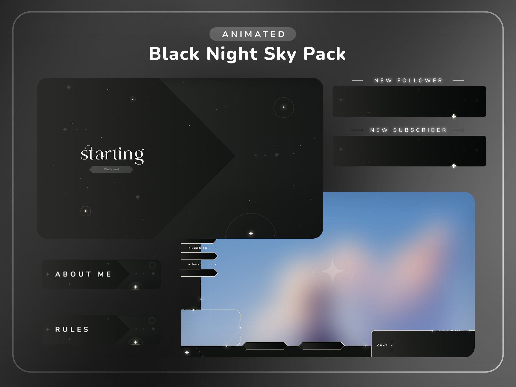 Black Night Sky Animated Stream Pack | Twitch Overlays, Vtuber Just ...