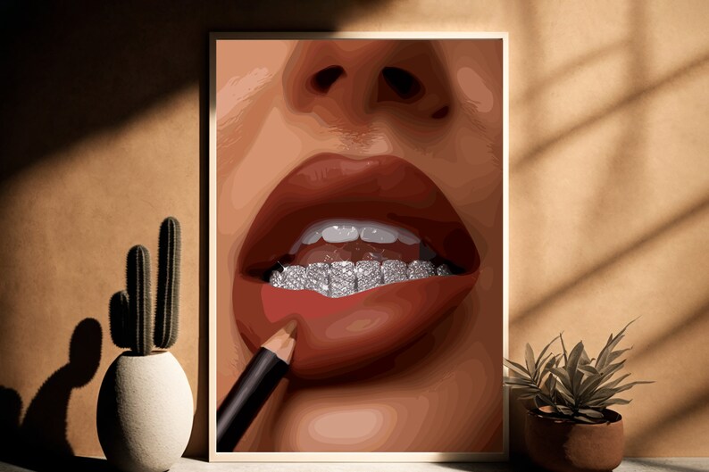 Black Woman Glossy Lips Grillz Art Print: Urban Fashion Illustration ...