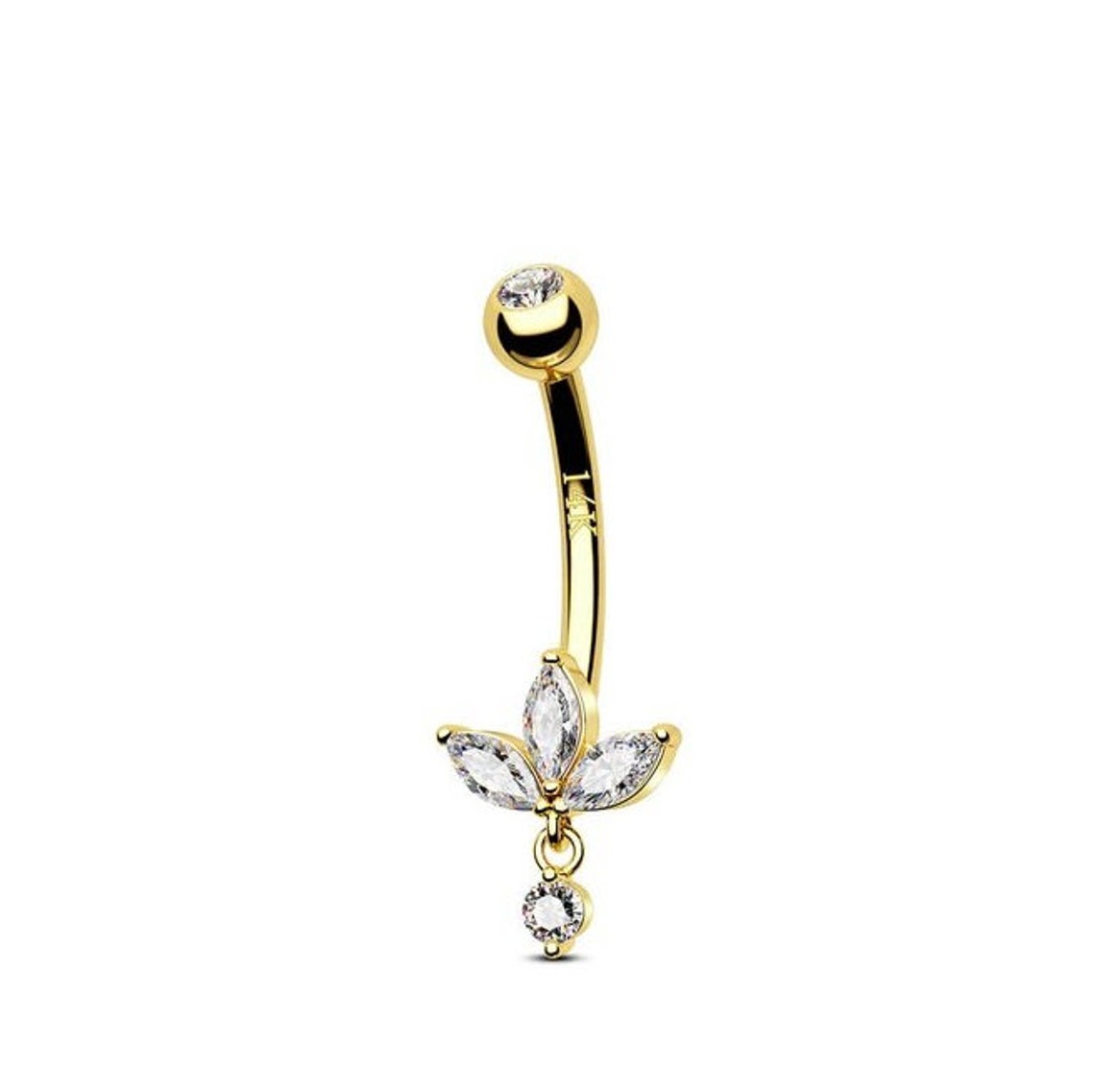 14K Gold Flower Belly Button Ring Marquise Diamond Navel Piercing ...