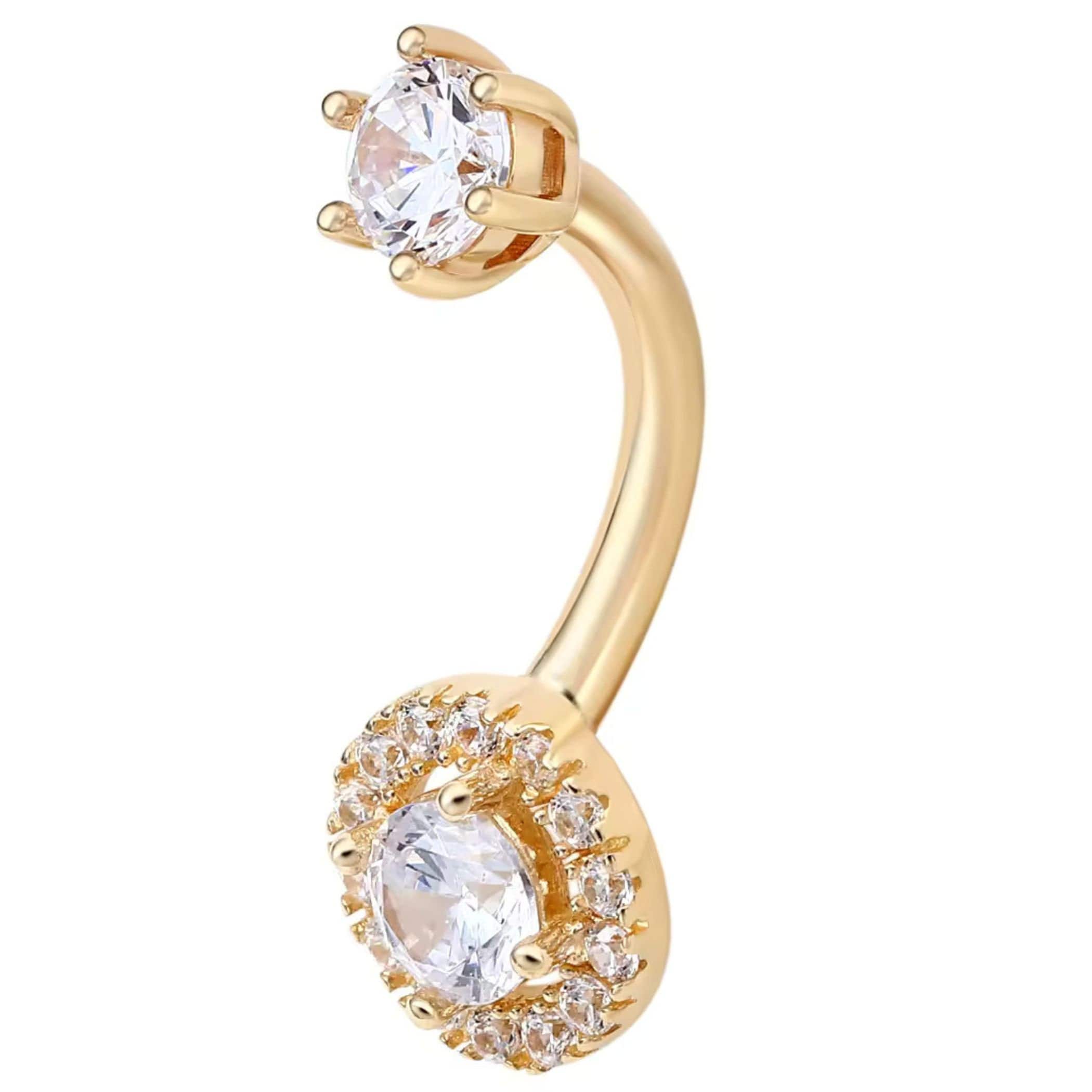 14k Solid Gold Belly Button Ring Navel Piercing Round Shape Two Stones ...