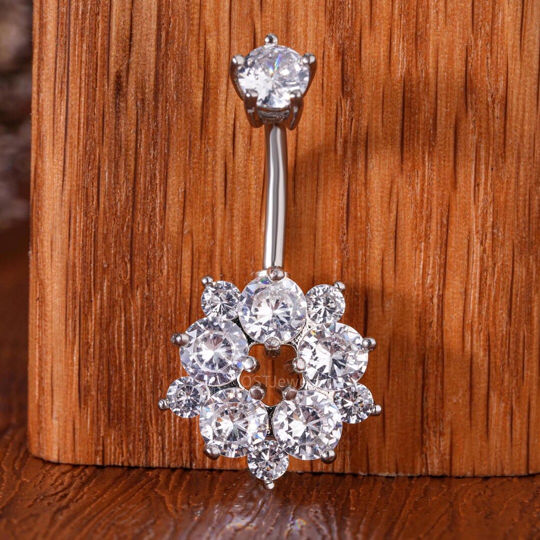 14K White Gold Snowflake Belly Button Ring,flower Navel Jewelry ...