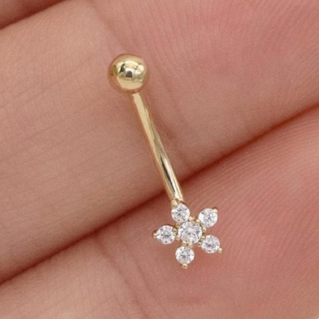 14K Gold Diamond Eyebrow Piercing Jewelry | Solid Gold Curved Barbell ...