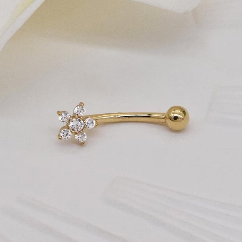 14K Gold Diamond Eyebrow Piercing Jewelry | Solid Gold Curved Barbell ...