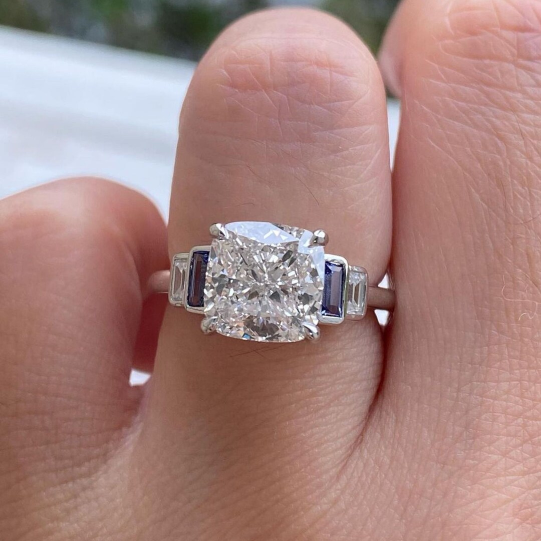 3.00ct Square Cushion Cut Diamond,lab Grown Diamond Ring,side Stone ...