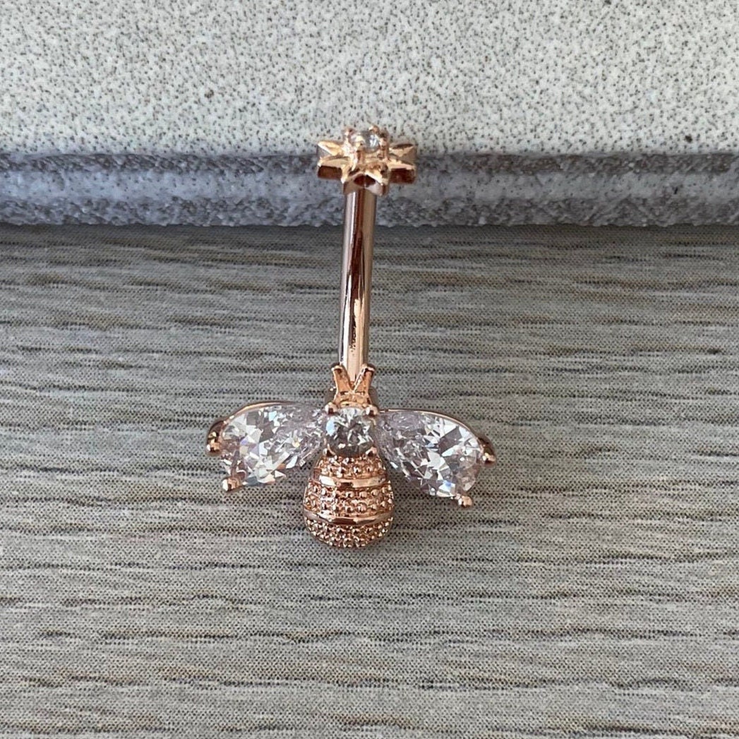 Threaded Bee Belly Button Piercing Ring 14K Gold Belly Button Piercing ...