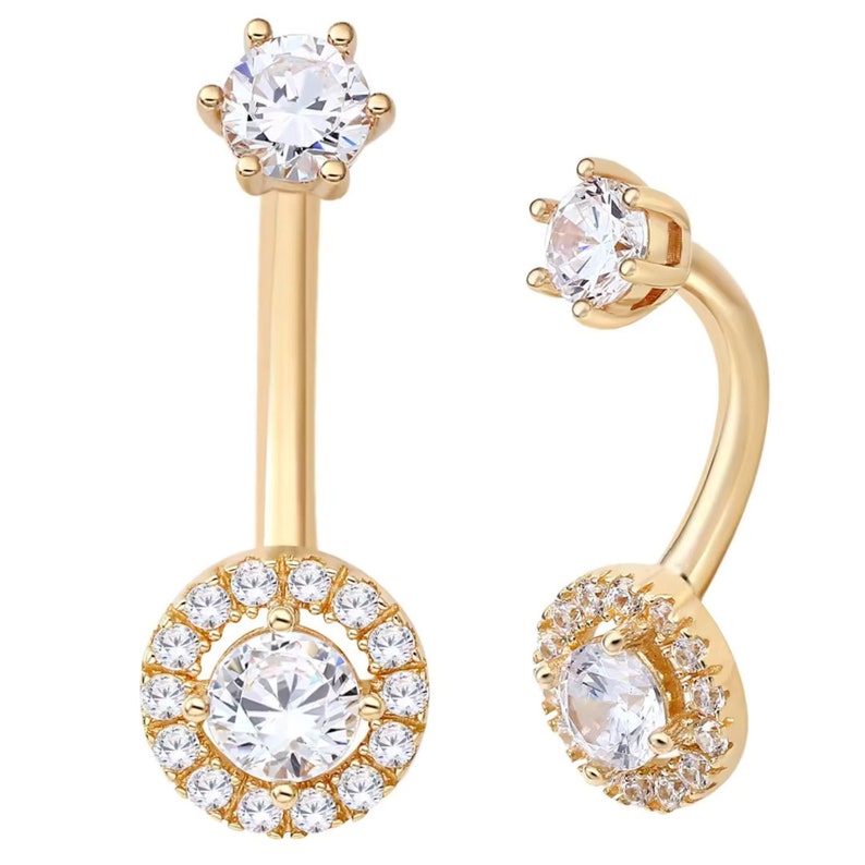 14k Solid Gold Belly Button Ring Navel Piercing Round Shape Two Stones ...