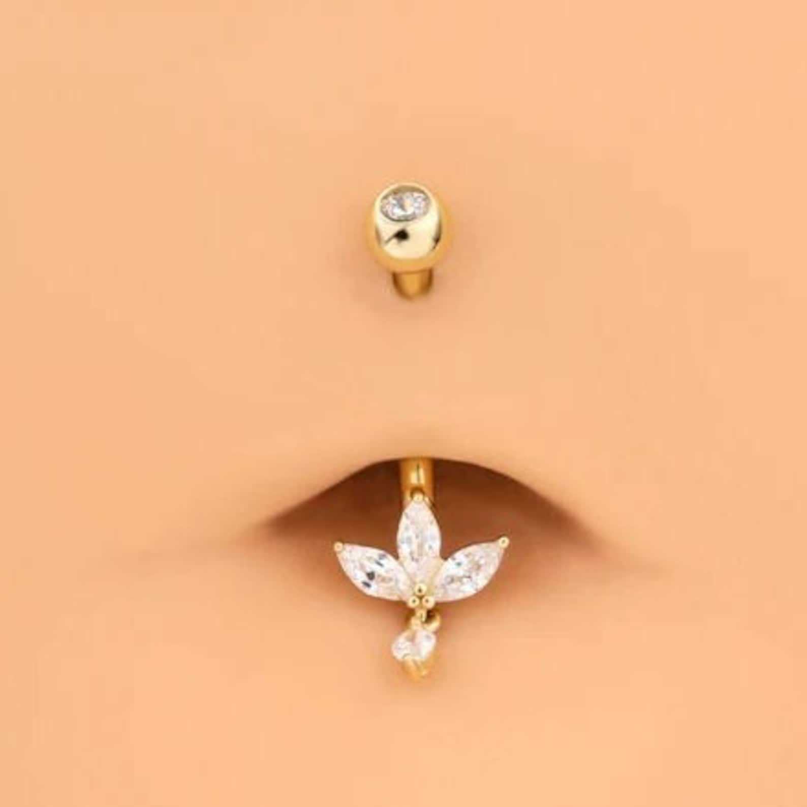 14K Gold Flower Belly Button Ring Marquise Diamond Navel Piercing ...