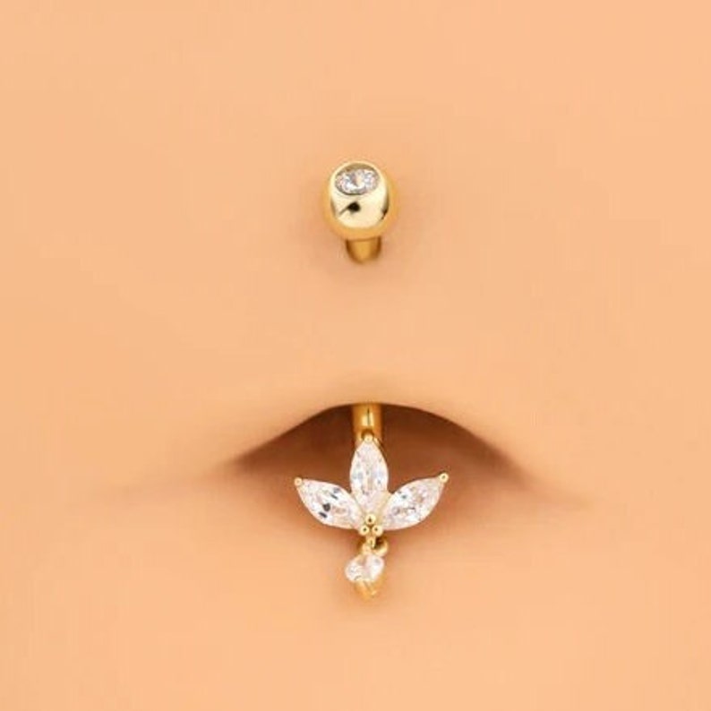 14K Gold Flower Belly Button Ring Marquise Diamond Navel Piercing ...