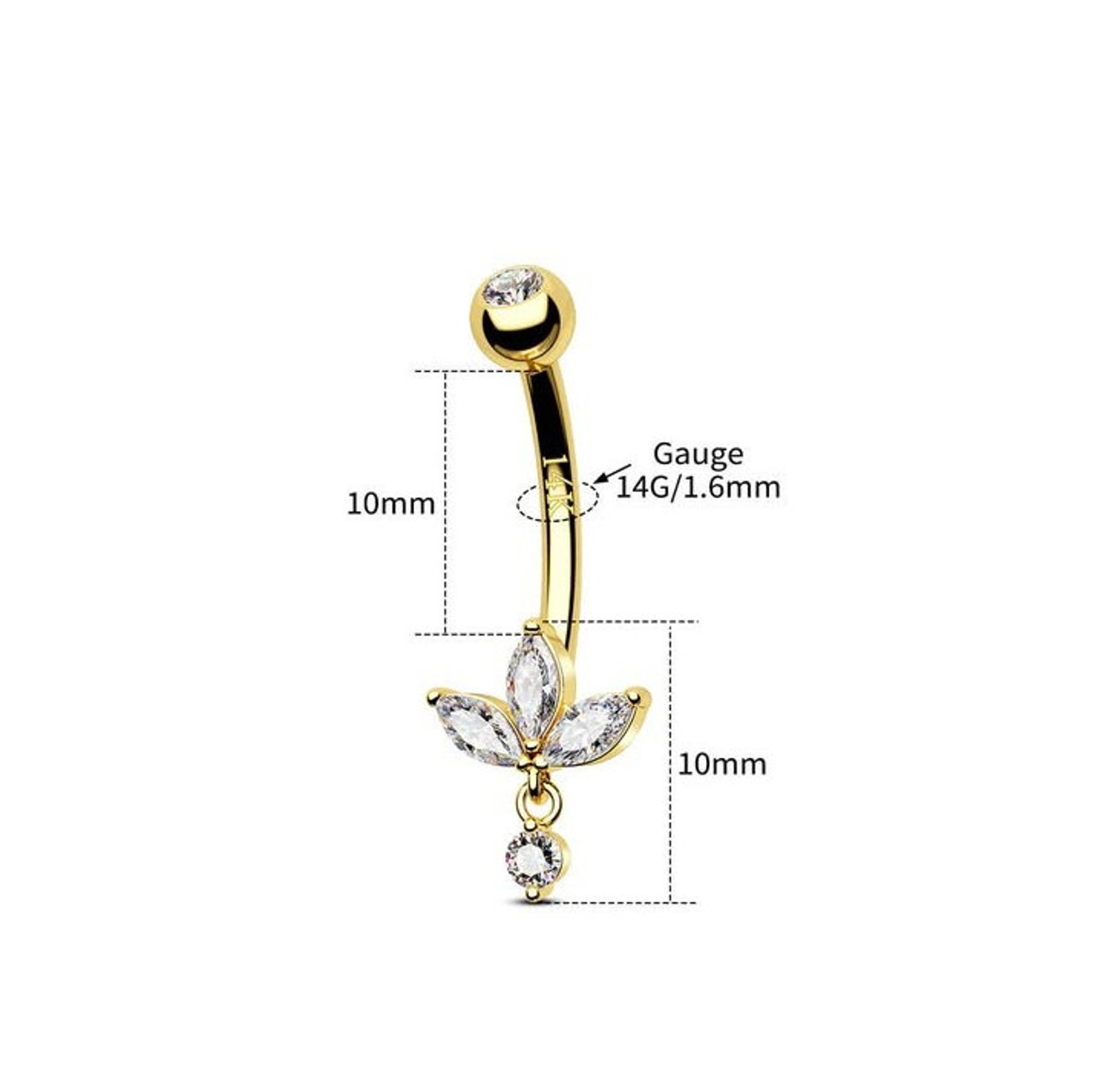 14K Gold Flower Belly Button Ring Marquise Diamond Navel Piercing ...