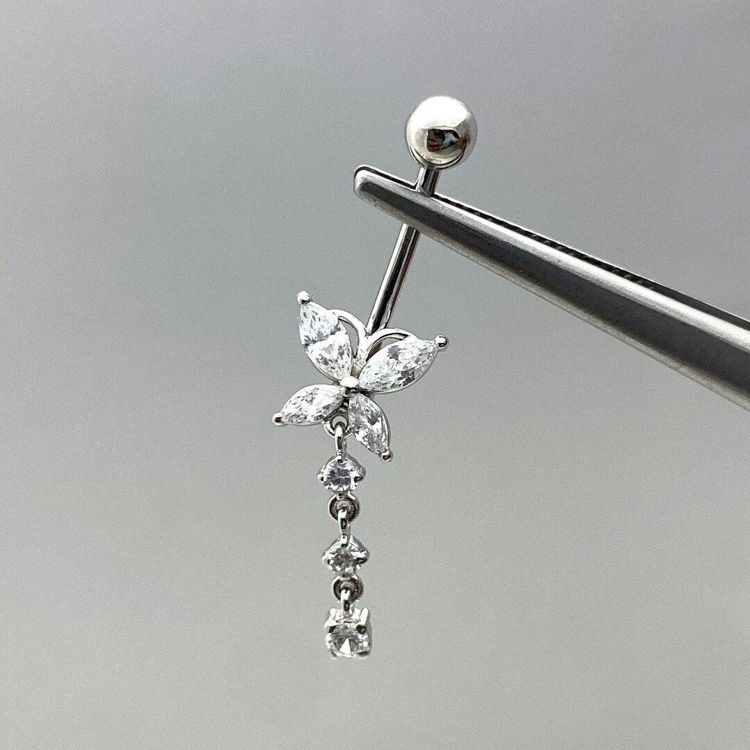14k White Gold Diamond Belly Button Piercing Trendy Nature Inspired ...