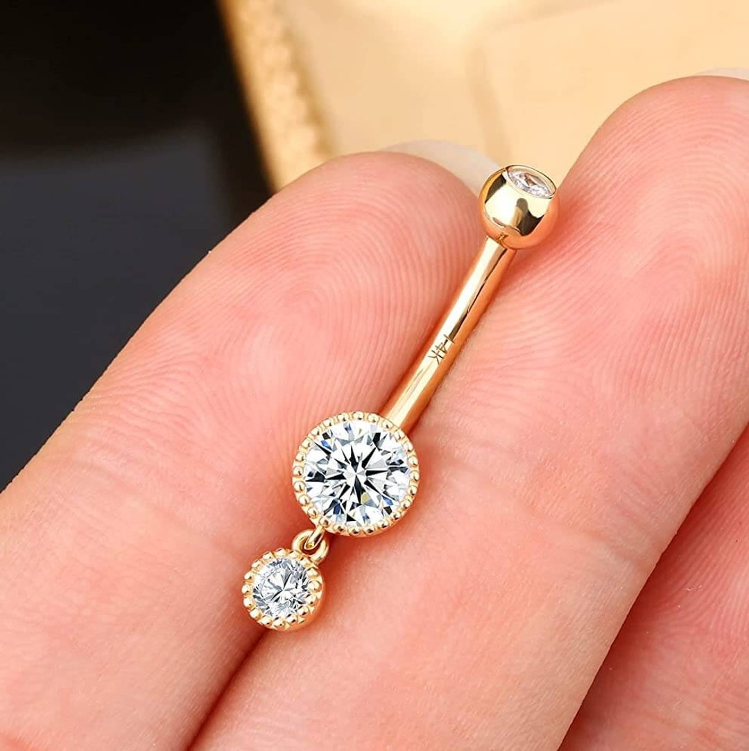 Dangle Belly Ring 14K Solid Gold Belly Button Ring Diamond Belly Button ...
