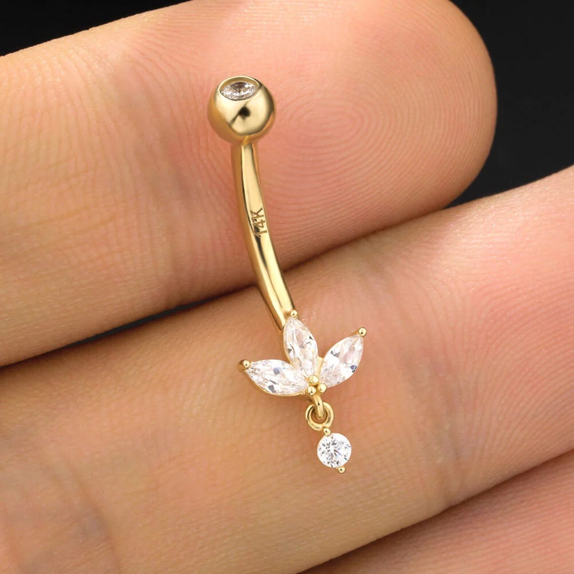 14K Gold Flower Belly Button Ring Marquise Diamond Navel Piercing ...