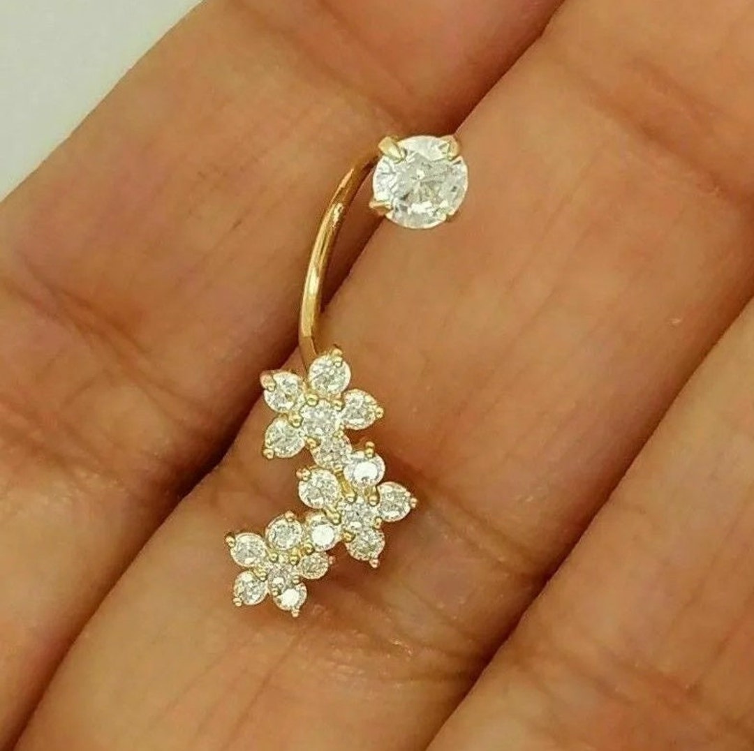 14K Gold Flower Naval Ring Belly Button Piercing Jewelry, Curved ...