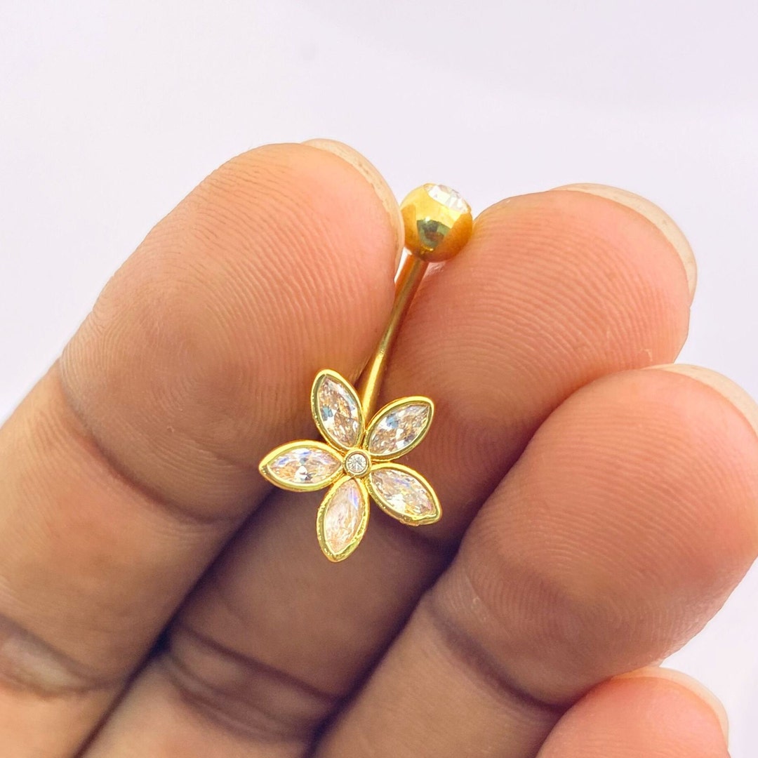 14K Gold Belly Jewelry Collection,flower Belly Piercing Barbells ...