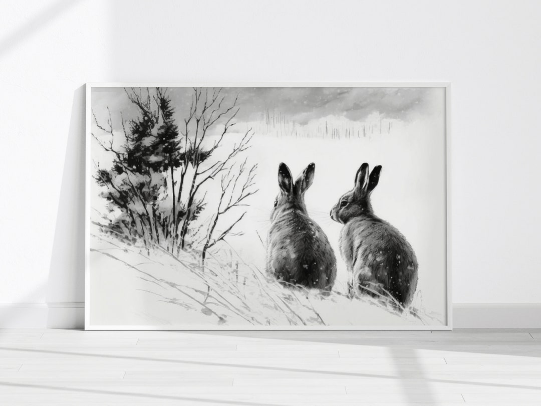 Snow Bunnies Winter Art Print, Winter Landscape Scene, Gallery Wall Art ...