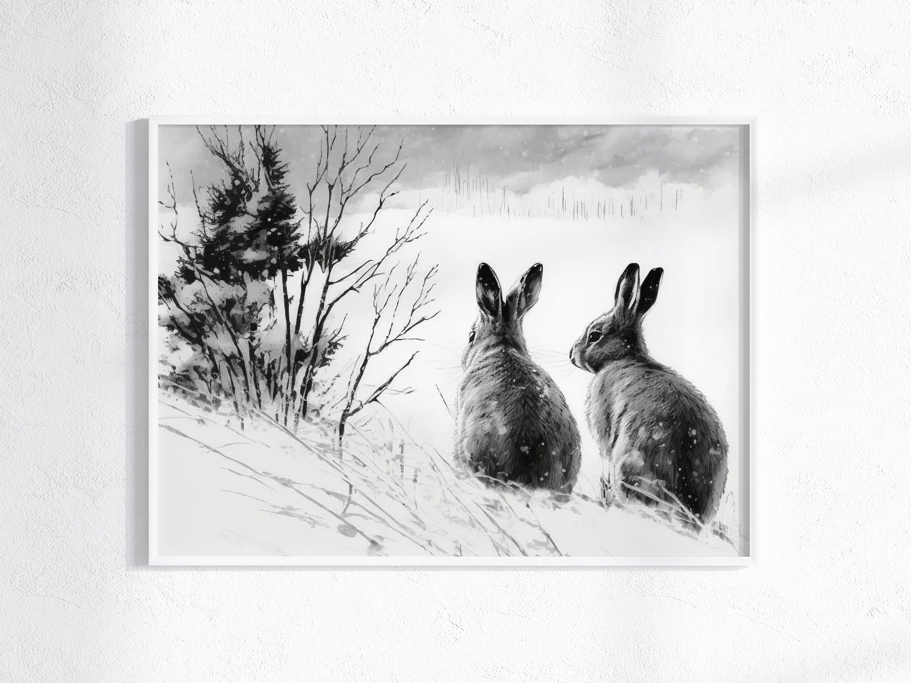 Snow Bunnies Winter Art Print, Winter Landscape Scene, Gallery Wall Art ...