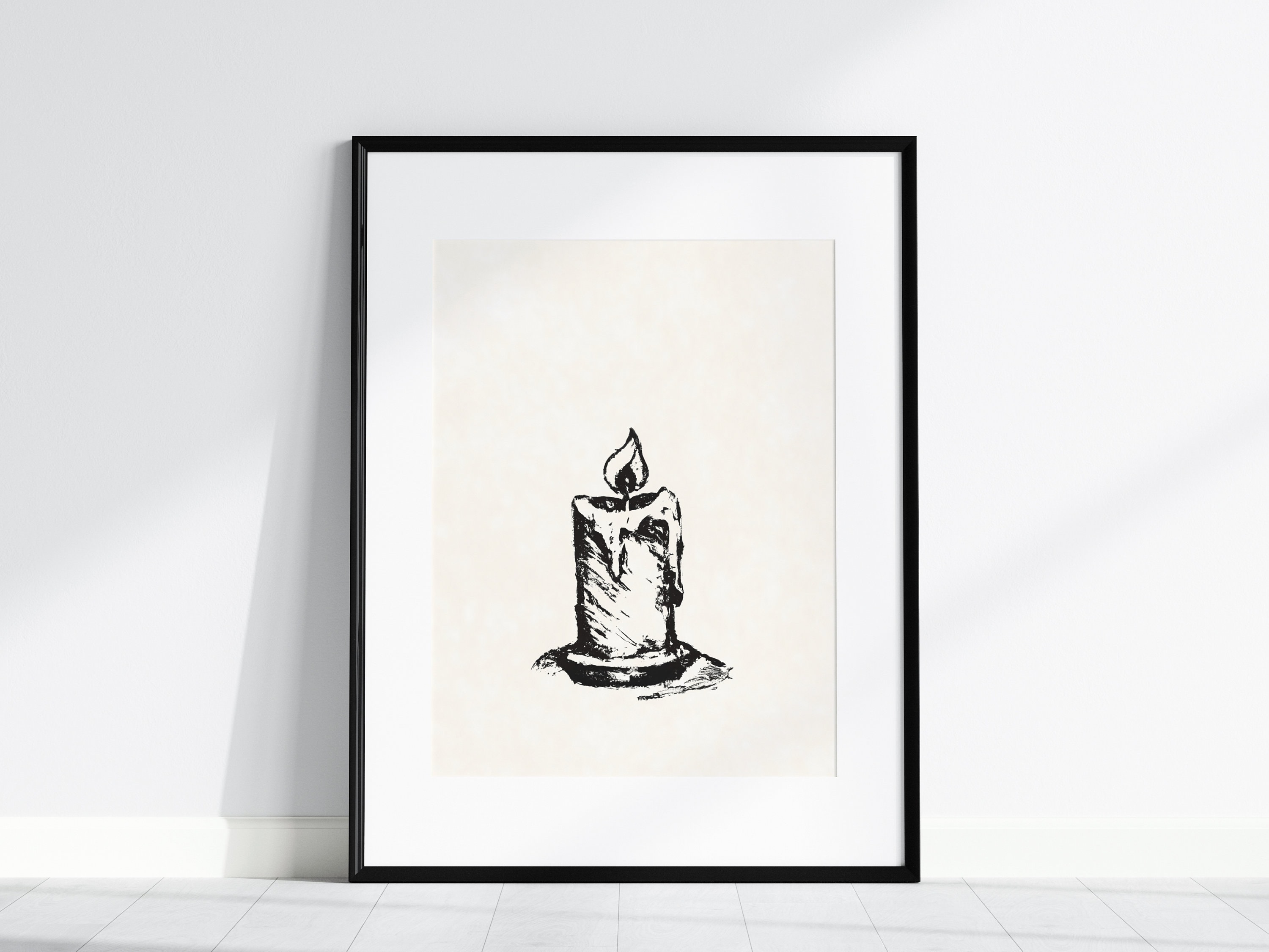 Vintage Black and White Candle Print, Rustic Lit Candle Sketch Wall Art ...
