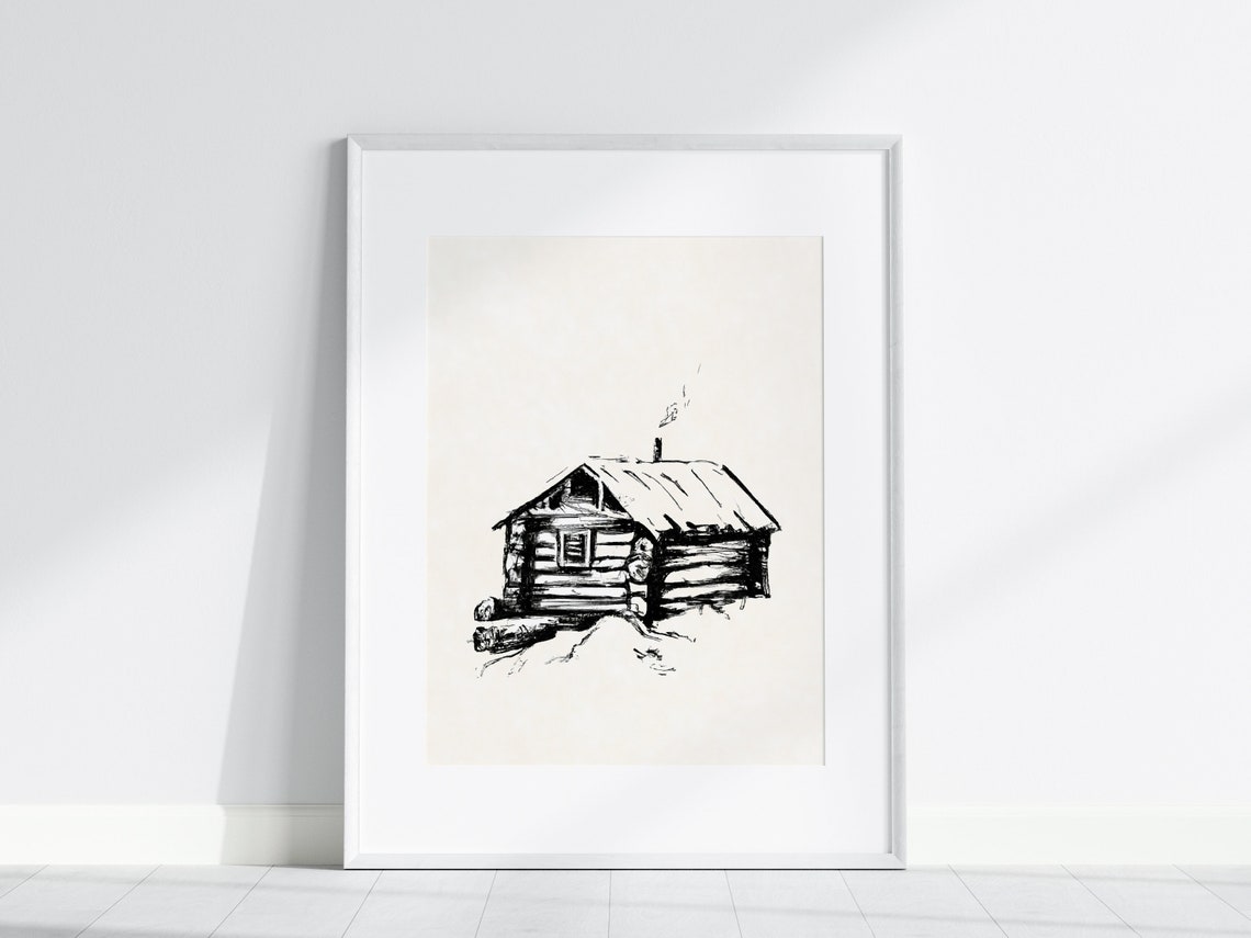 Vintage Black and White Log Cabin Print, Rustic Winter Sketch Wall Art ...